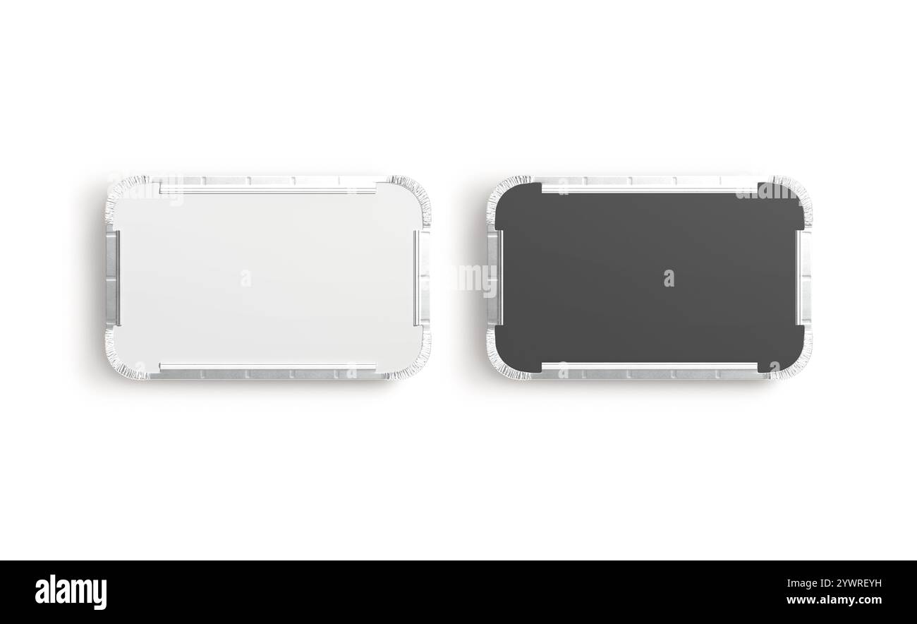 Blank black and white aluminium foil container mockup, top view, 3d ...