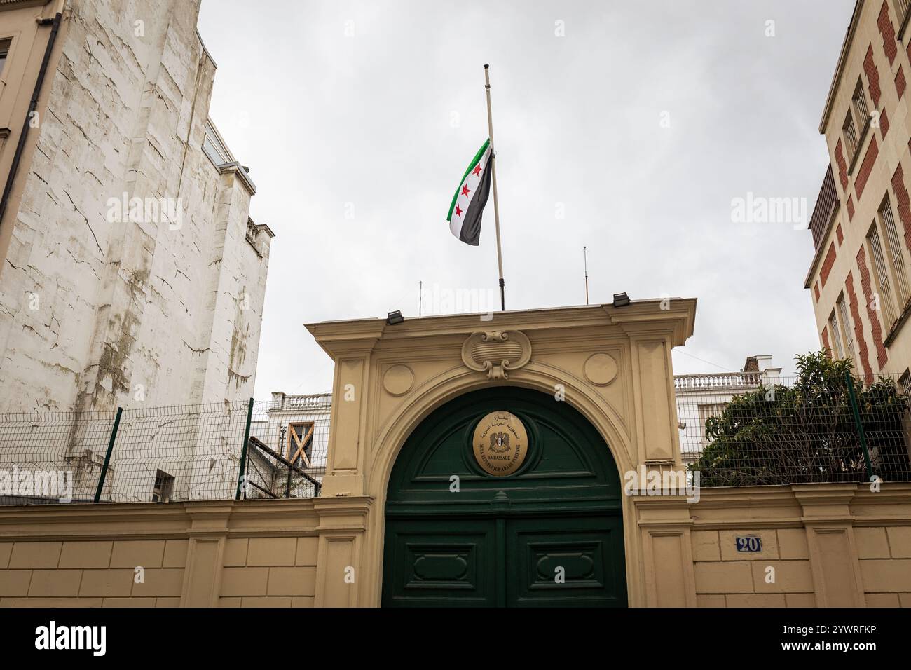 View of the facade of the Embassy of Syria, in Paris, with the Syrian ...