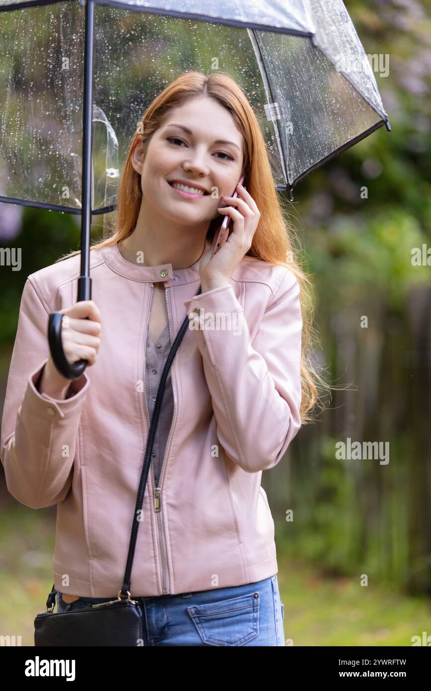 woman on the phone holding transparent-umbrella in the rain Stock Photo ...