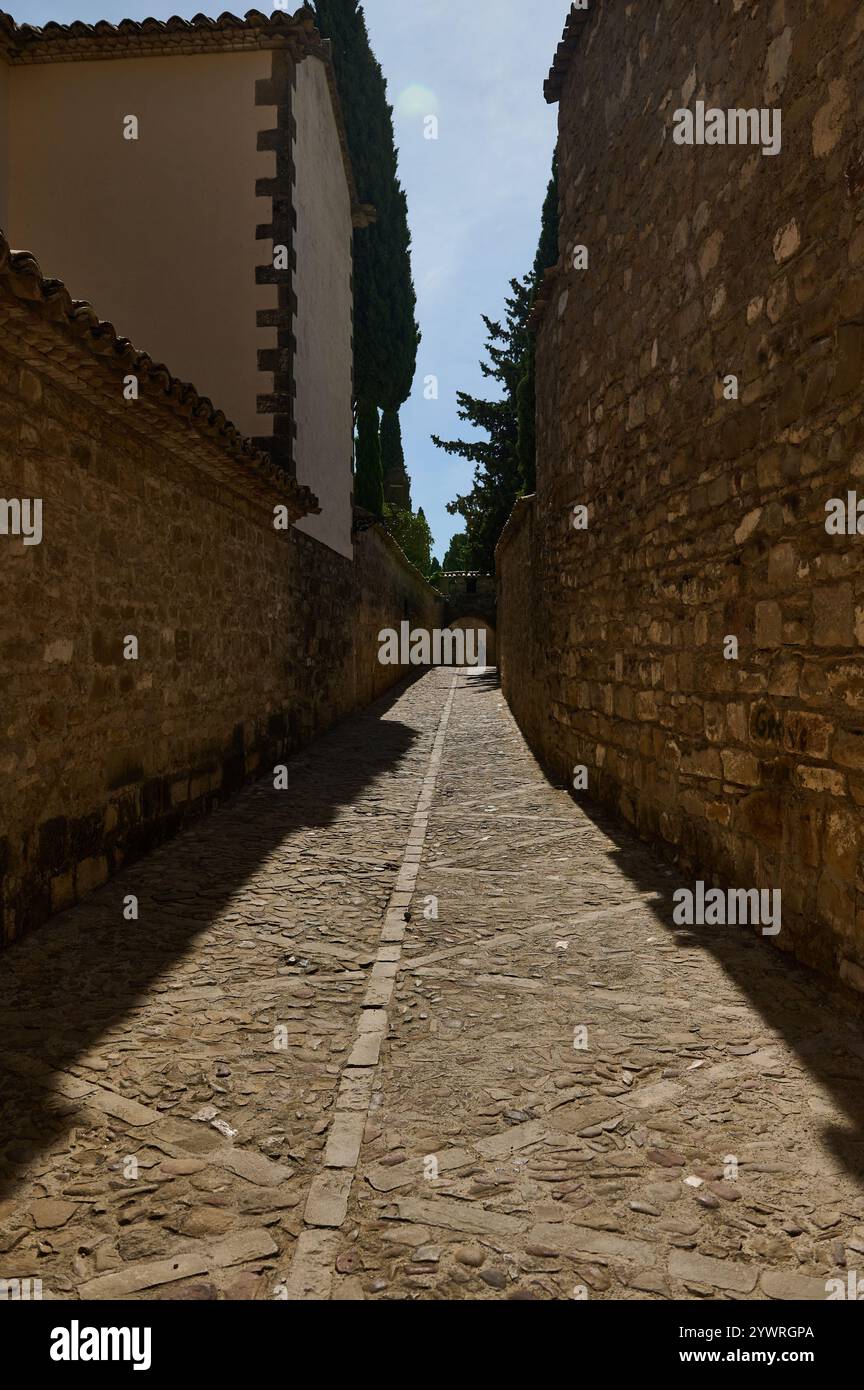 A narrow stone pathway flanked by high ancient walls leads to a distant ...