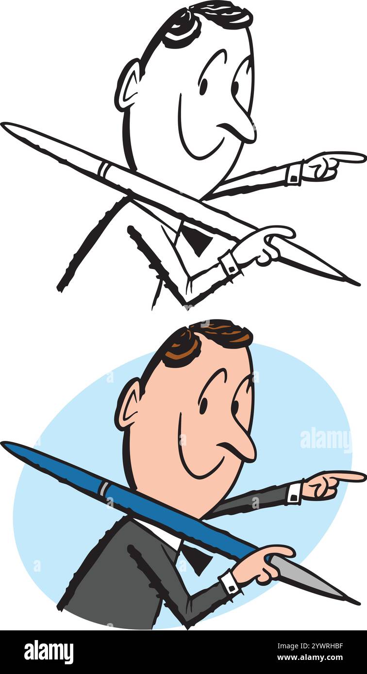 A vintage retro cartoon of a businessman holding an oversized pen and ...