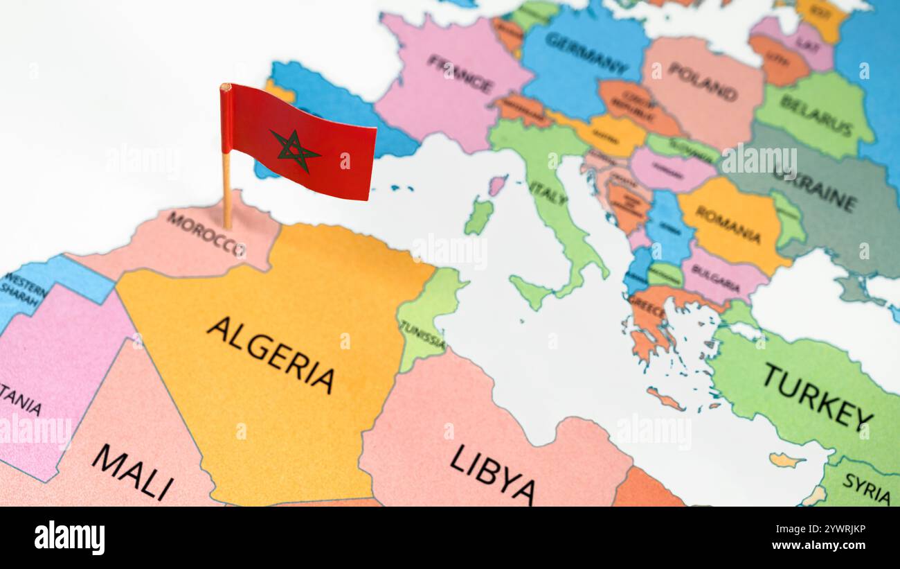 A map of Morocco with the national flag of Morocco on it. The flag is a ...
