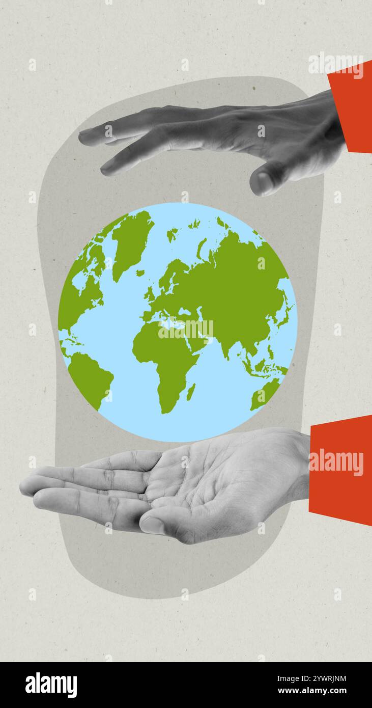 Two human hands hold a globe with a colored background. Concept of ...