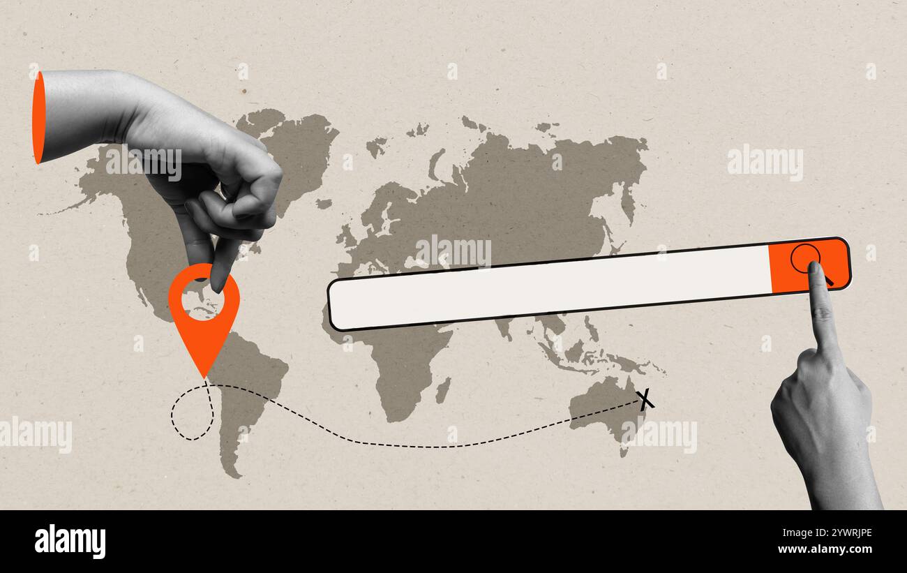 The human hand puts a location pin on the world map and searches the ...