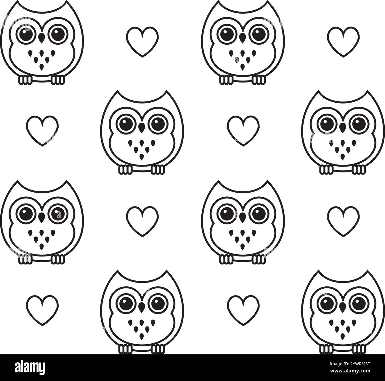 Vector seamless pattern of flat cartoon outline black owl and hearts ...