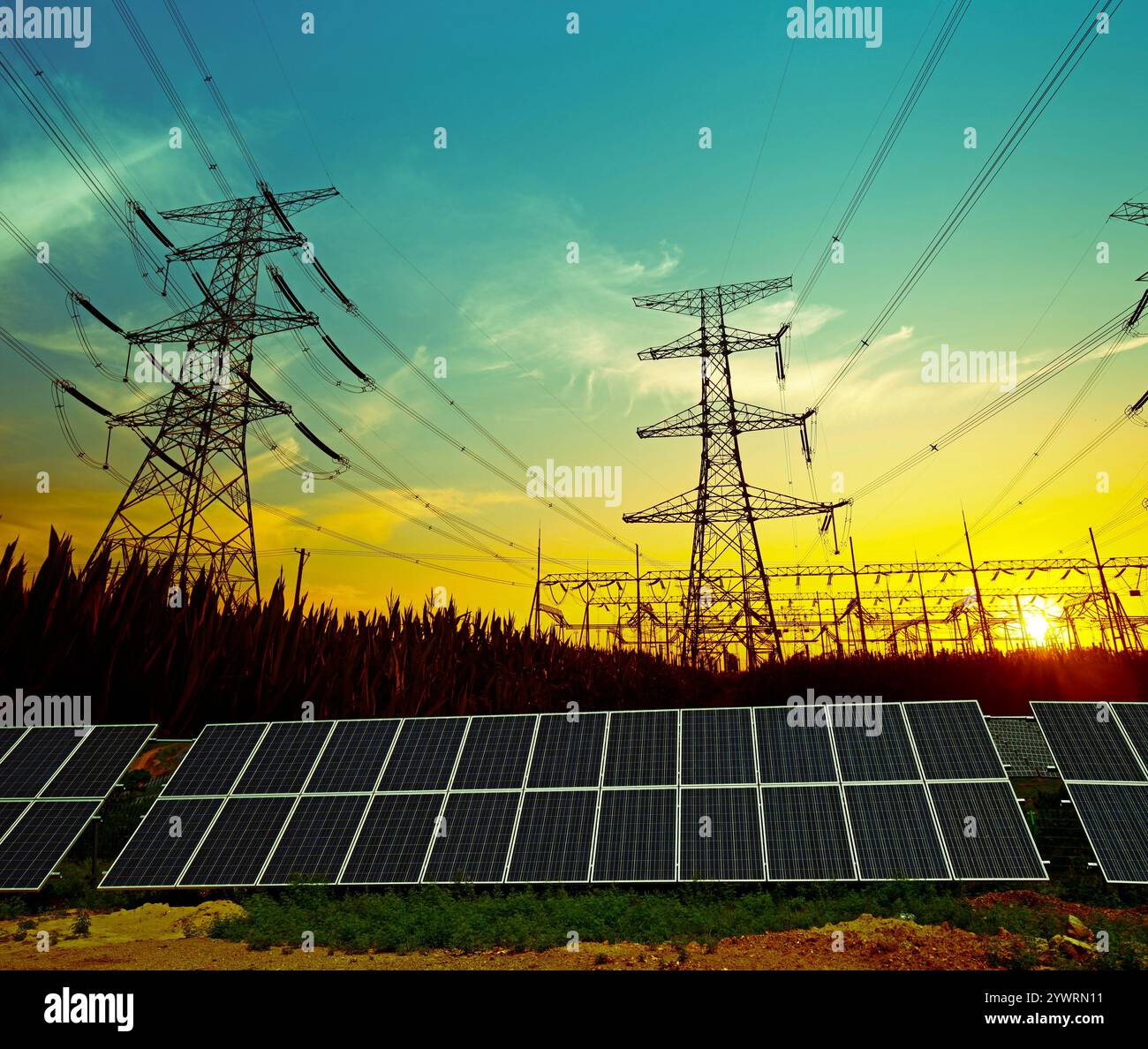 Solar panels and pylon, green environmental protection Stock Photo - Alamy