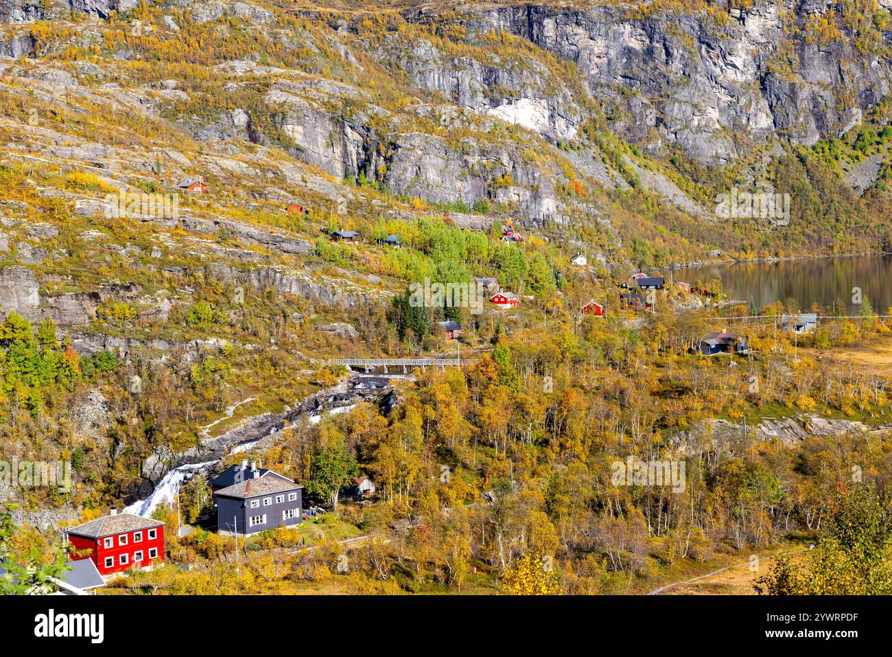 Landscape of Flamsdalen valley viewed from the Flam railway train travelling between Flam ...