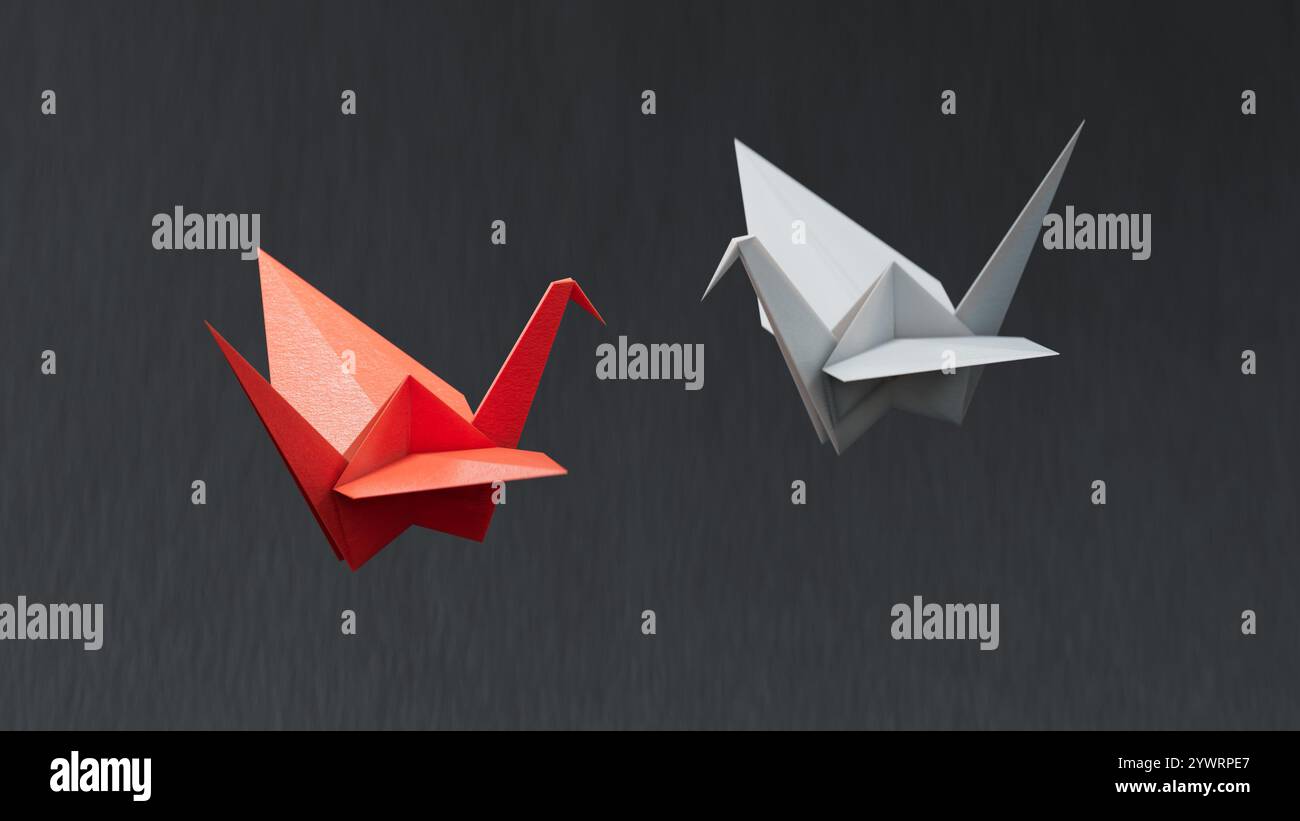 Pair of Origami bird lovers with heart. 3d illustration bird paper ...