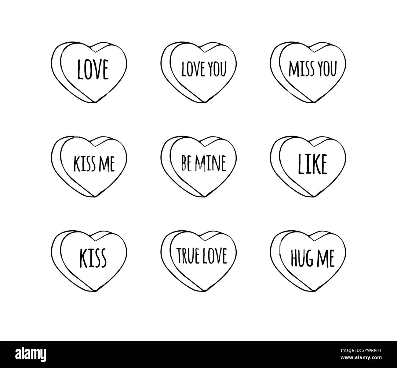 Vector hand drawn doodle set of black outline sweet heart candies ...