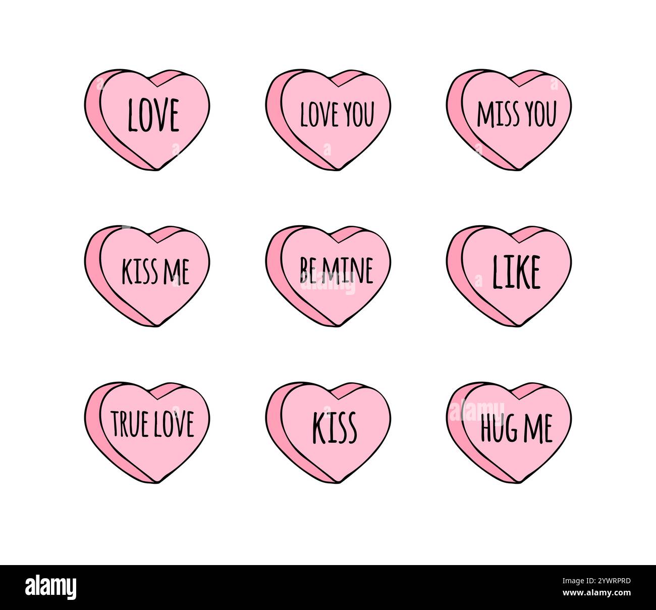 Vector hand drawn doodle set of pink sweet heart candies isolated on ...