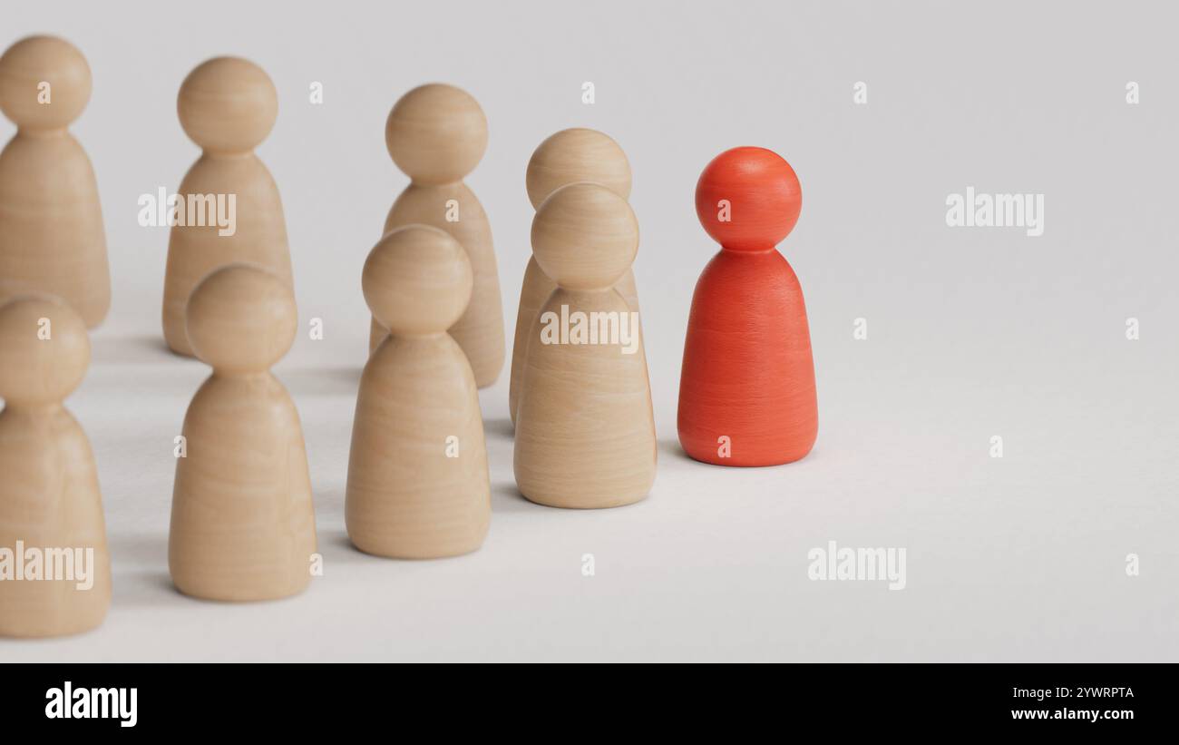 A 3d concept graphic depicting a red person standing out from the crowd ...