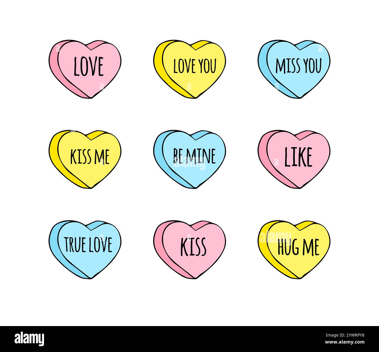 Vector hand drawn doodle set of different sweet heart candies isolated ...