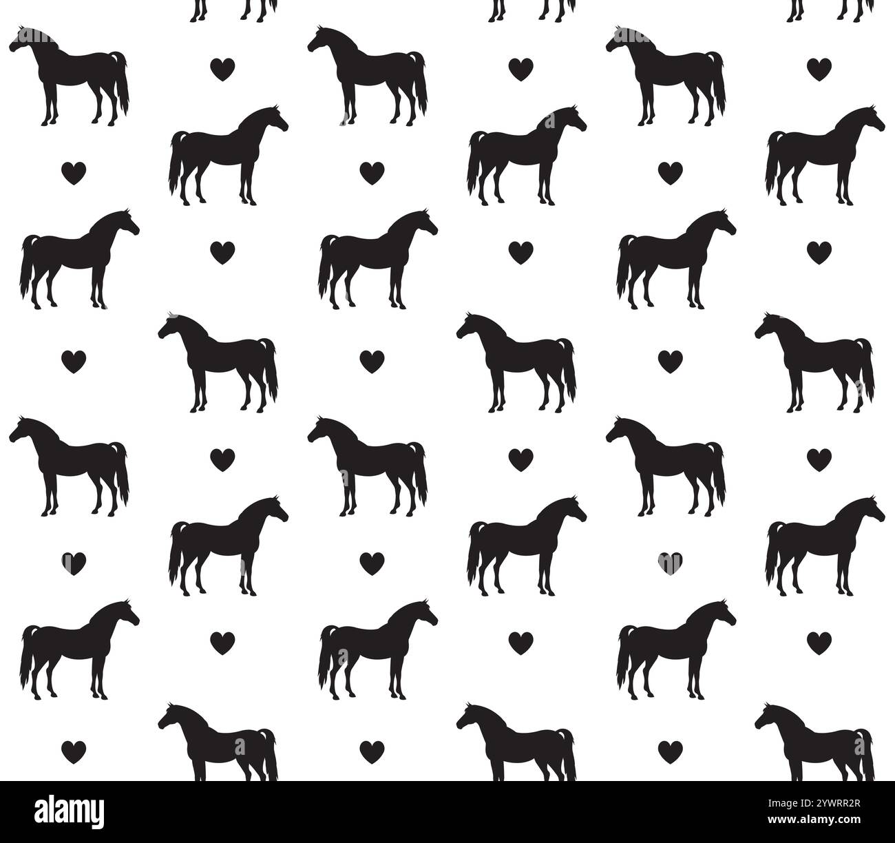Vector equestrian seamless pattern of black horse silhouette and hearts ...