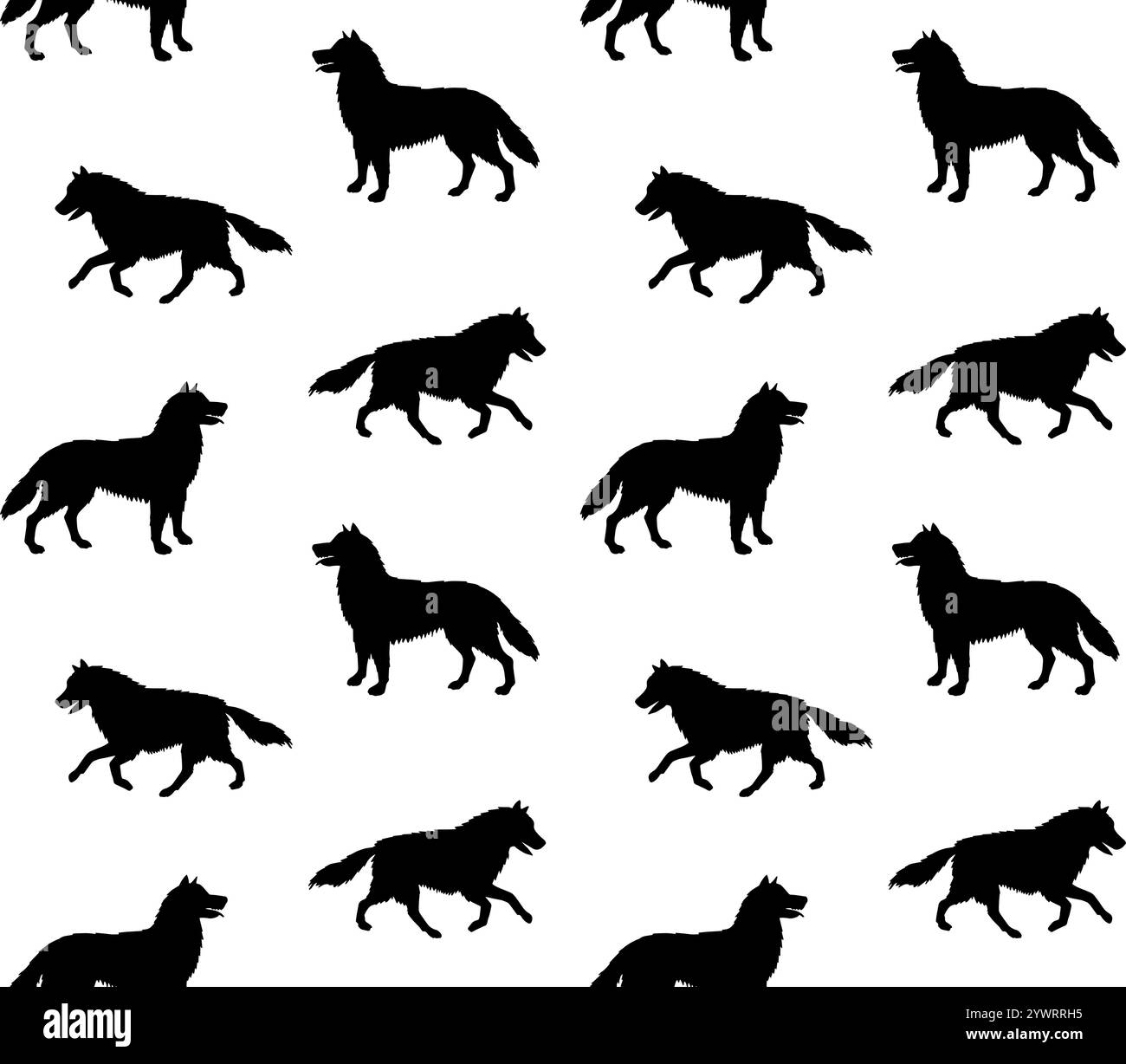 Vector seamless pattern of black running husky dog silhouette isolated ...