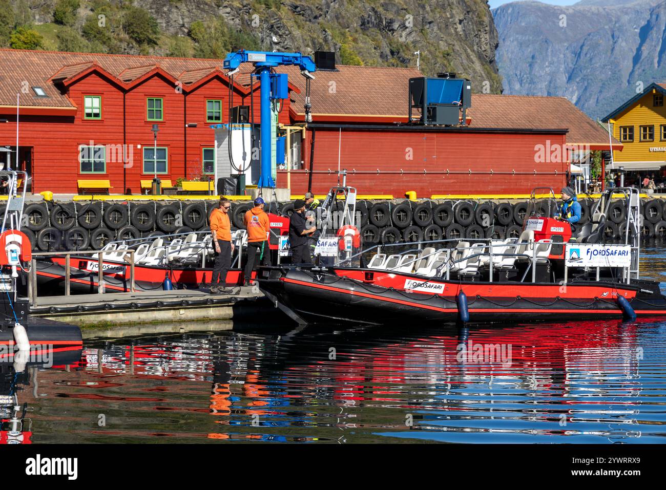 Tourist fjord safari boats takes visitors onto the Aurlandsfjord one of ...