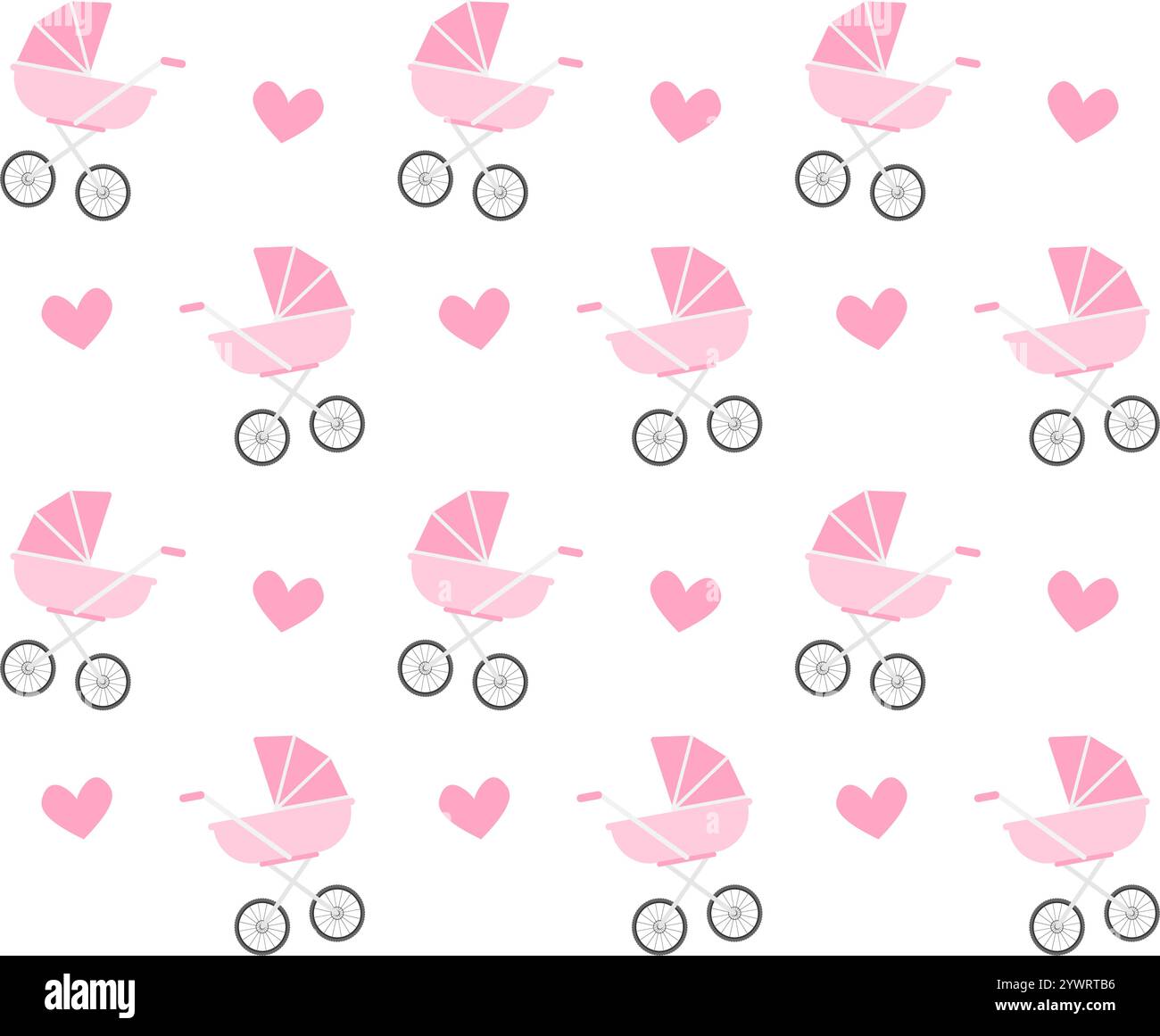 Vector seamless pattern of flat cartoon pink baby pram and hearts ...