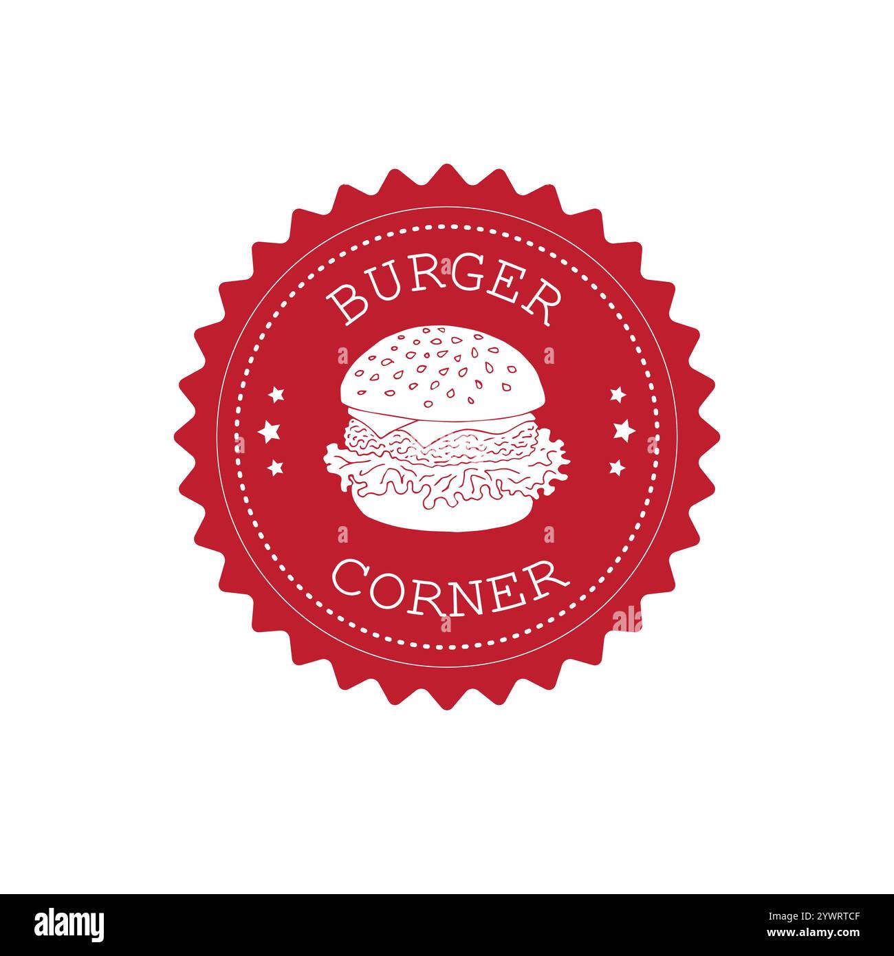 Vector flat retro round red logo concept with hand drawn burger ...