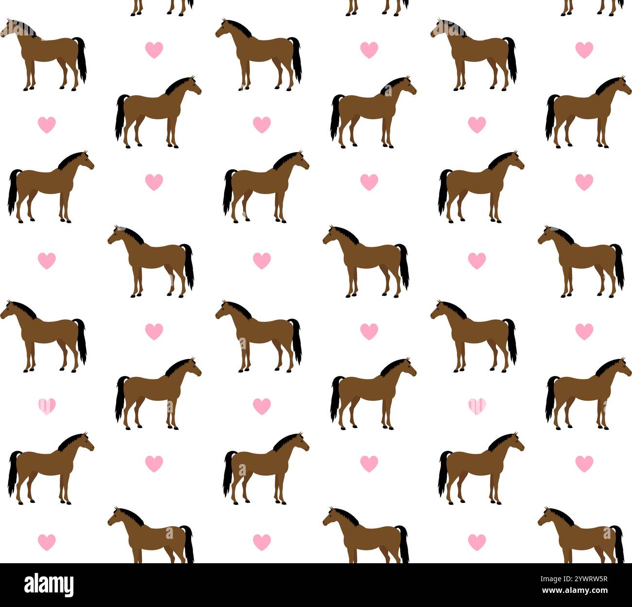 Vector equestrian seamless pattern of flat cartoon bay horse and hearts ...