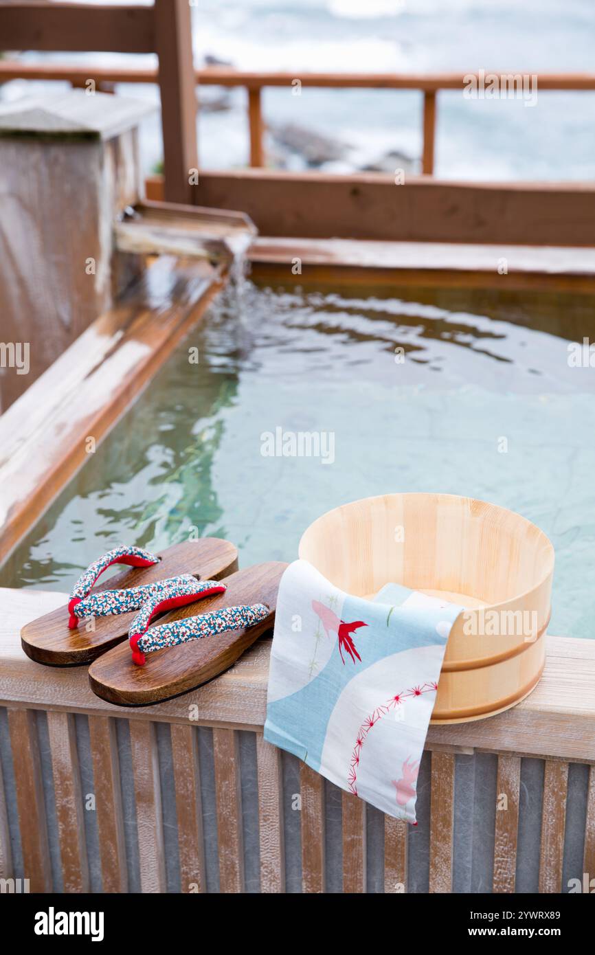 Open-air bath, bath tub and geta Stock Photo - Alamy