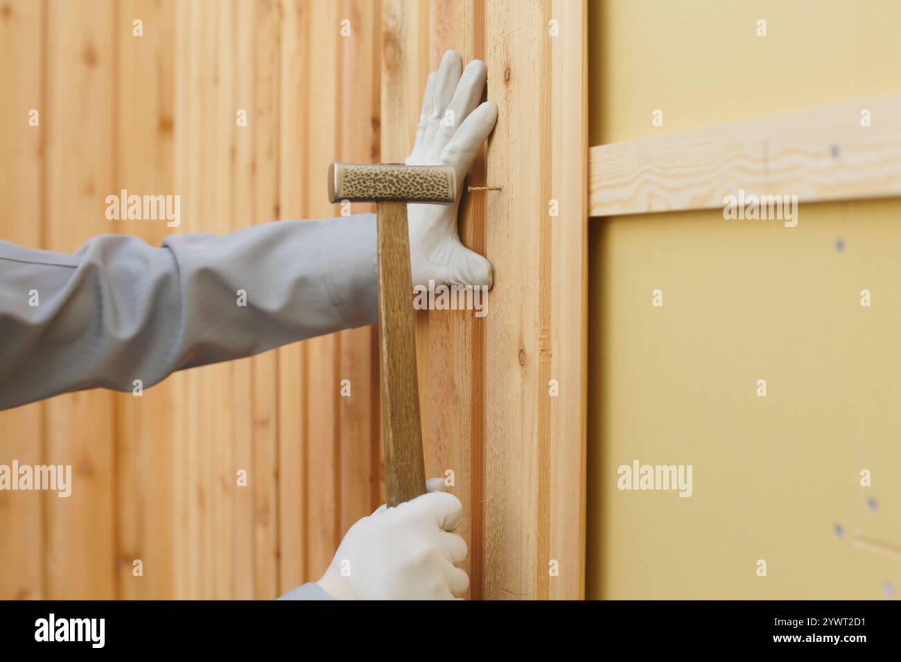 Carpenter's man at work hammering nails Stock Photo - Alamy
