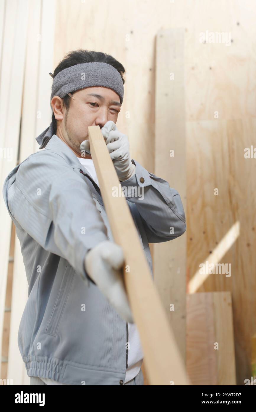 Carpenter man checking timber Stock Photo - Alamy