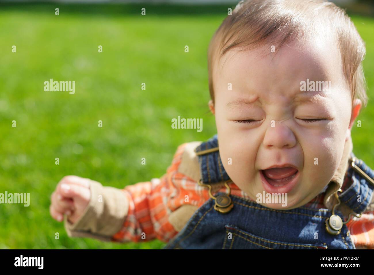 Baby sitting on lawn crying Stock Photo - Alamy