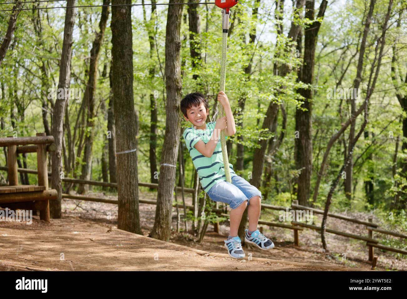 Boy playing on Tarzan rope Stock Photo - Alamy