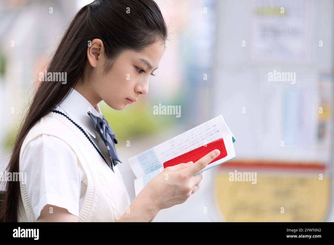 Female high school student waiting for bus while studying Stock Photo ...