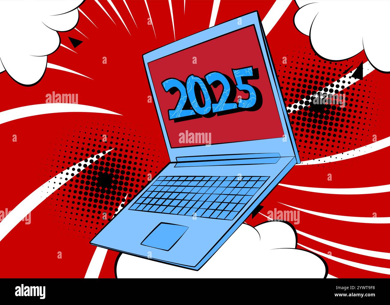Cartoon Laptop, comic book Notebook with 2025. Retro vector comics pop ...
