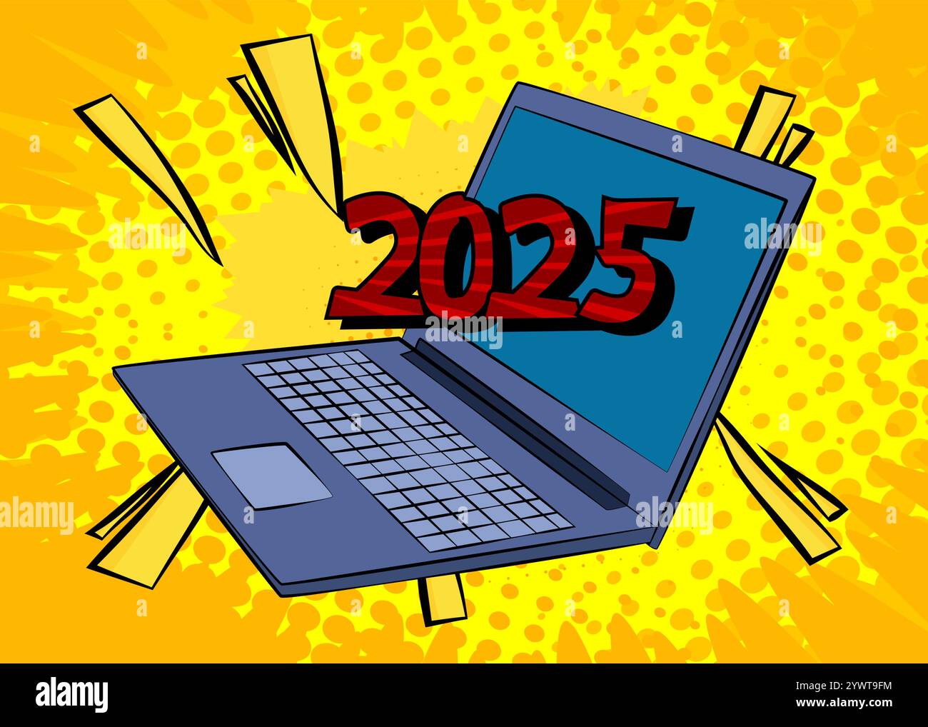 Cartoon Laptop, comic book Notebook with 2025. Retro vector comics pop ...