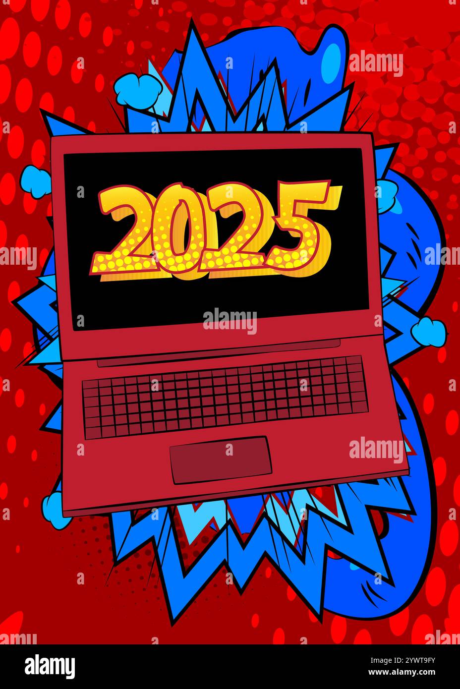 Cartoon Laptop, comic book Notebook with 2025. Retro vector comics pop ...