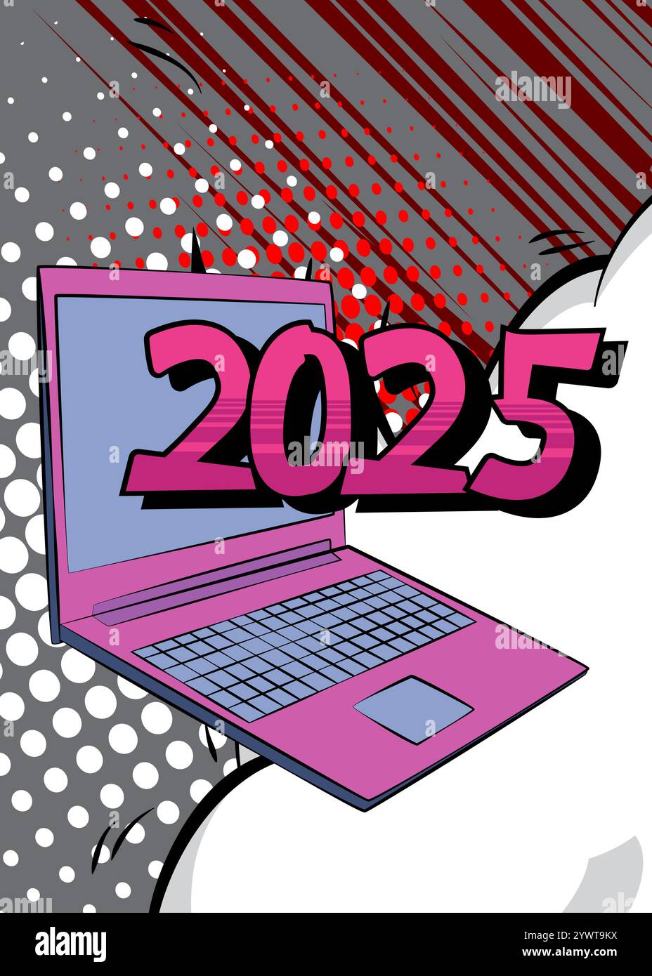 Cartoon Laptop, comic book Notebook with 2025. Retro vector comics pop ...
