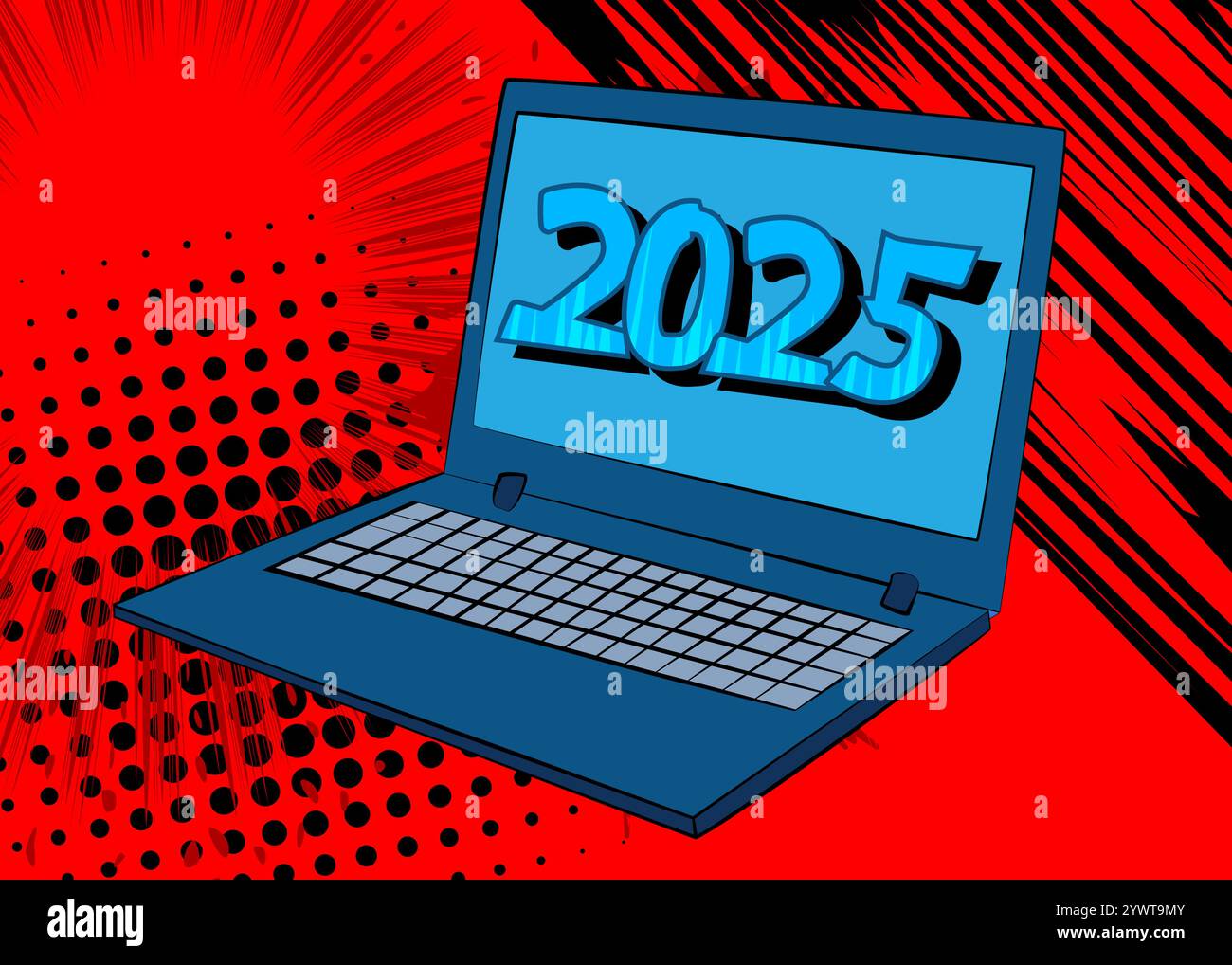 Cartoon Laptop, comic book Notebook with 2025. Retro vector comics pop ...