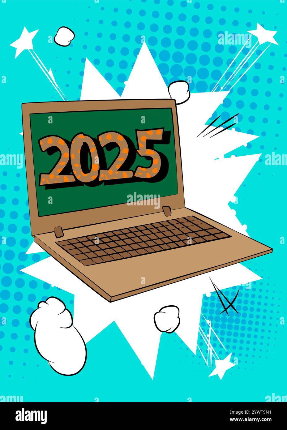 Cartoon Laptop, comic book Notebook with 2025. Retro vector comics pop ...