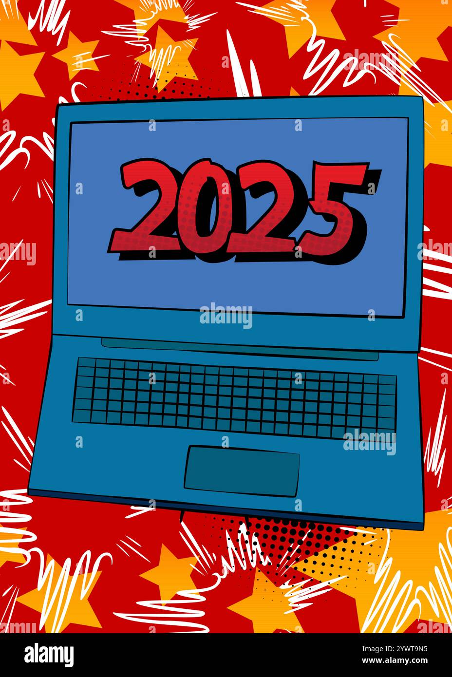 Cartoon Laptop, comic book Notebook with 2025. Retro vector comics pop ...