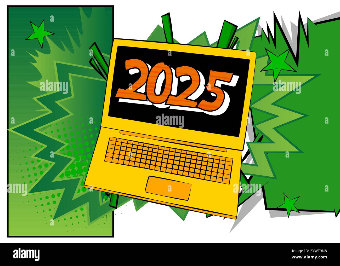 Cartoon Laptop, comic book Notebook with 2025. Retro vector comics pop ...