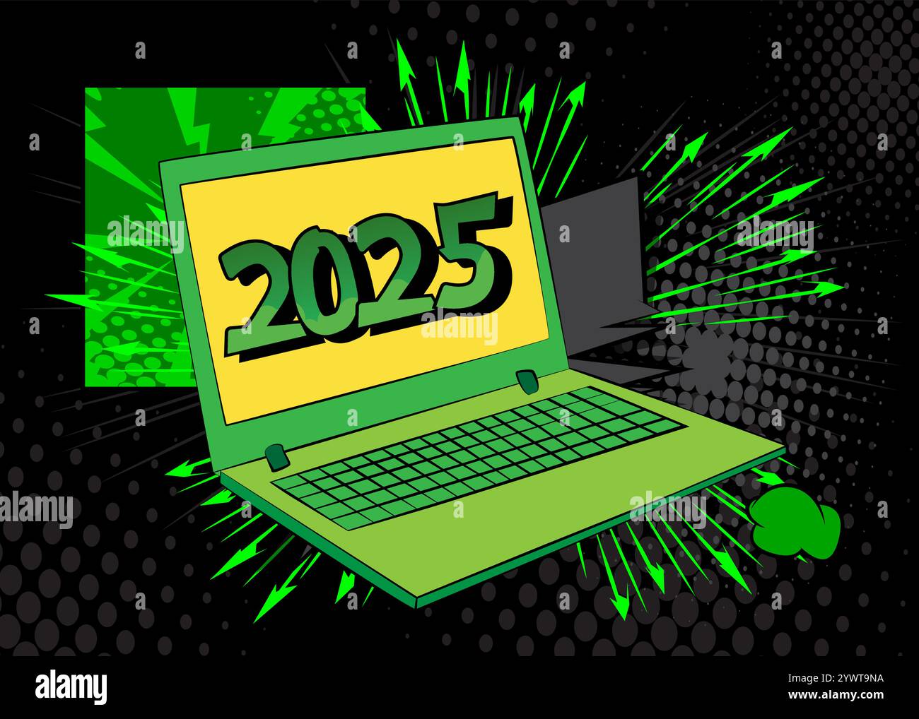 Cartoon Laptop, comic book Notebook with 2025. Retro vector comics pop ...