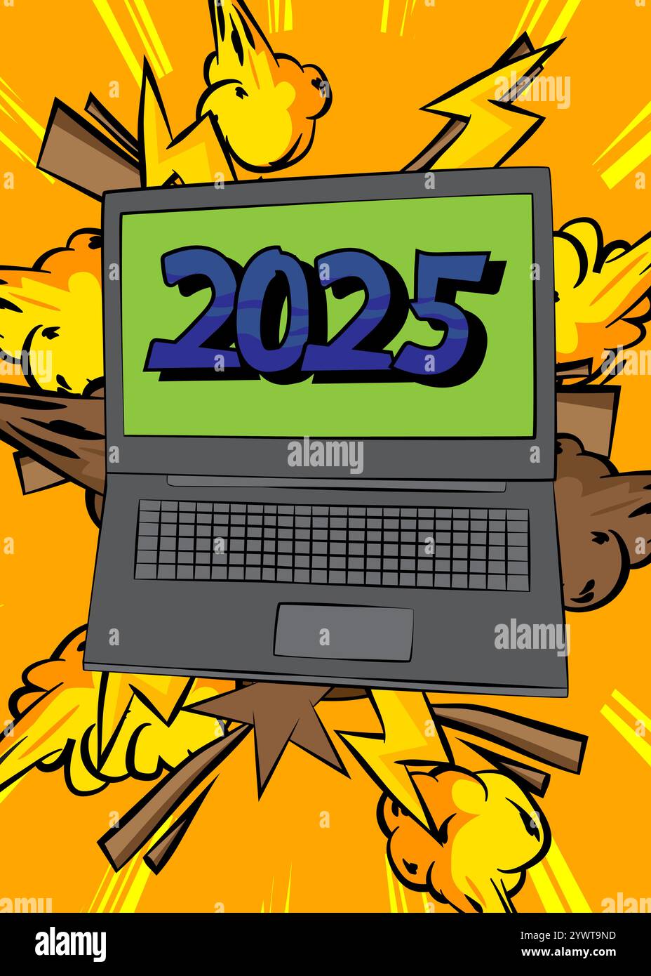 Cartoon Laptop, comic book Notebook with 2025. Retro vector comics pop ...