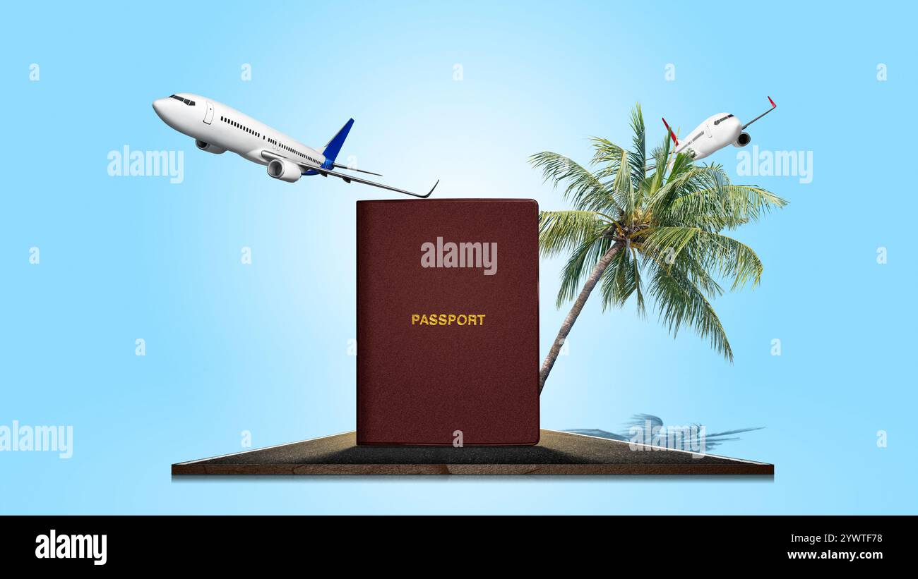 Colorful passport with flying commercial airplane in blue color ...