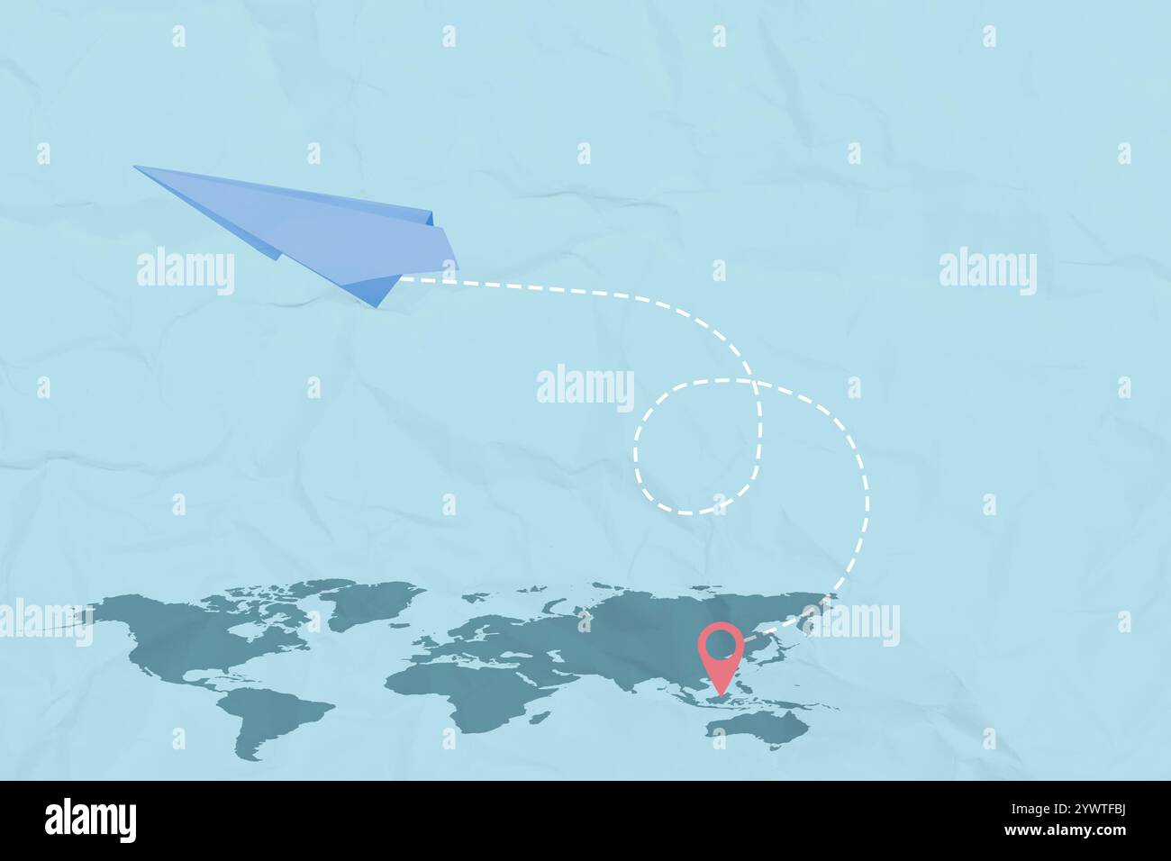 Paper airplane flying away from a location pin on the world map with a ...