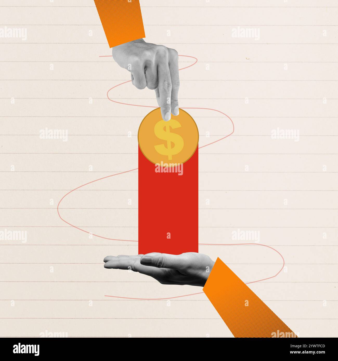 Human hand give golden coins with dollar signs to other people with a ...