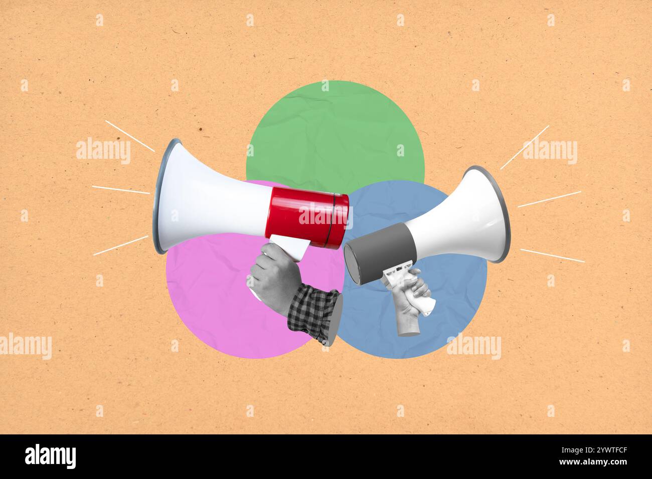 Human hand talk on a megaphone with a colored background. Concept of ...