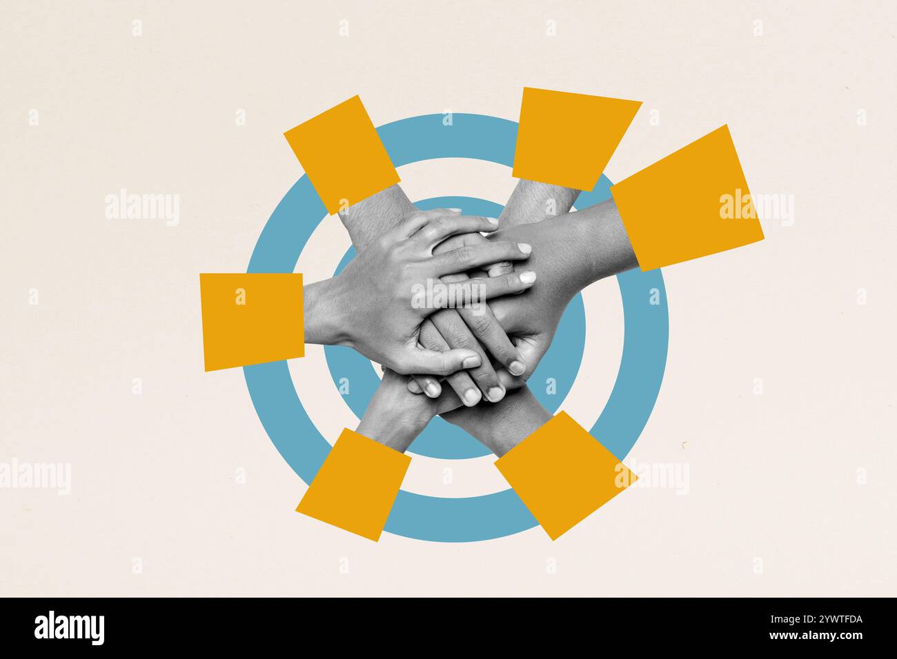 People stacking their hands together on a colored background. Concept ...