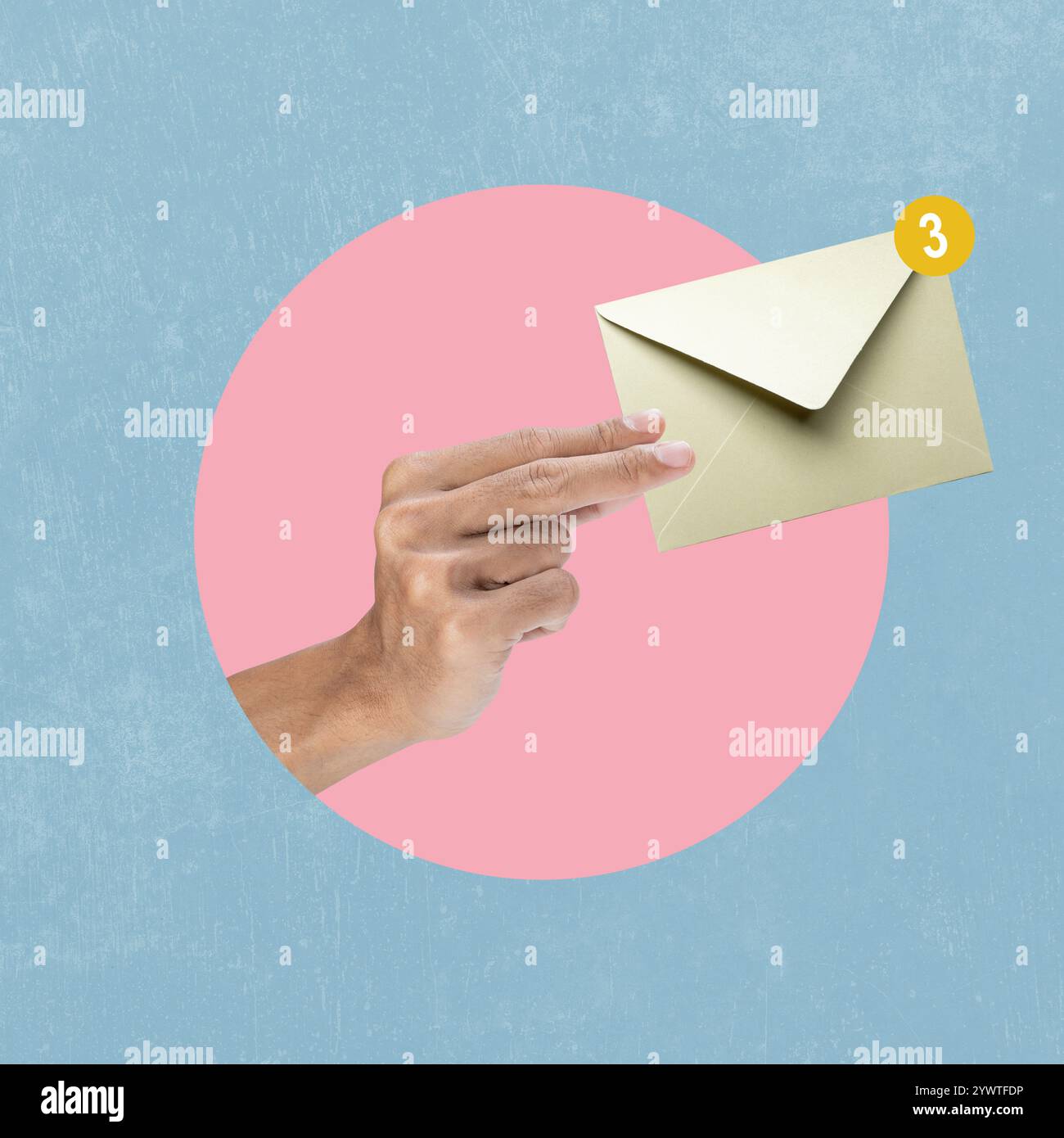 Human hand holding envelope letter with a colored background. Collage ...