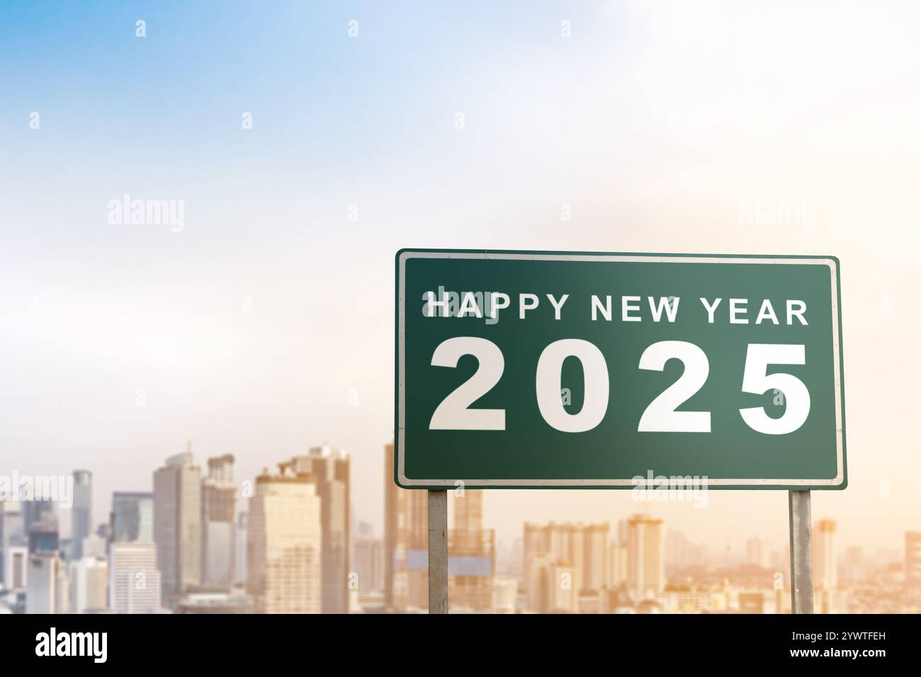 Pole sign with text of Happy New Year 2025 with modern building and ...