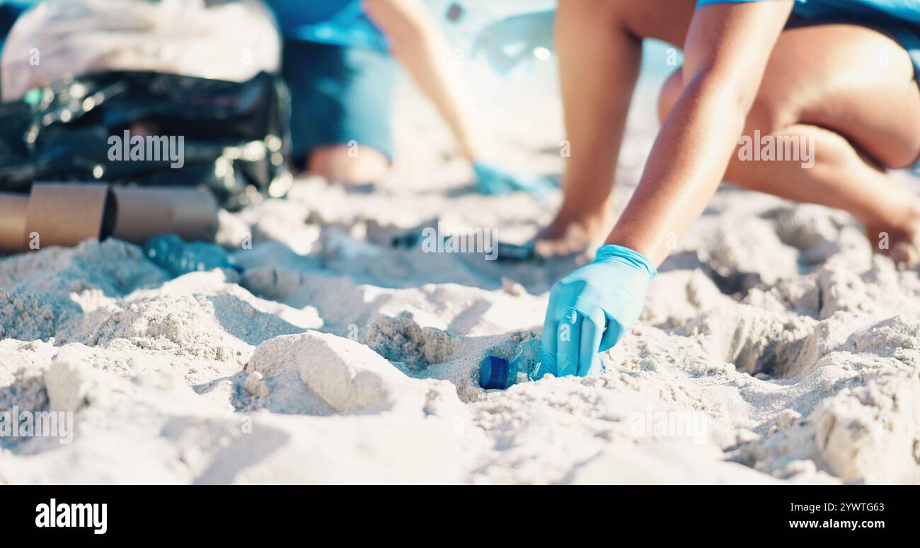 Beach, volunteer and hands of people cleaning trash for plastic ...