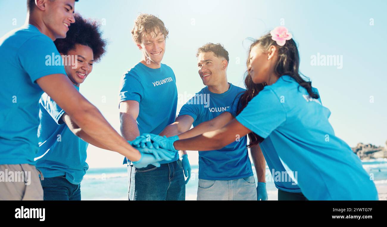 Beach, volunteer and people with hands together for teamwork, support ...