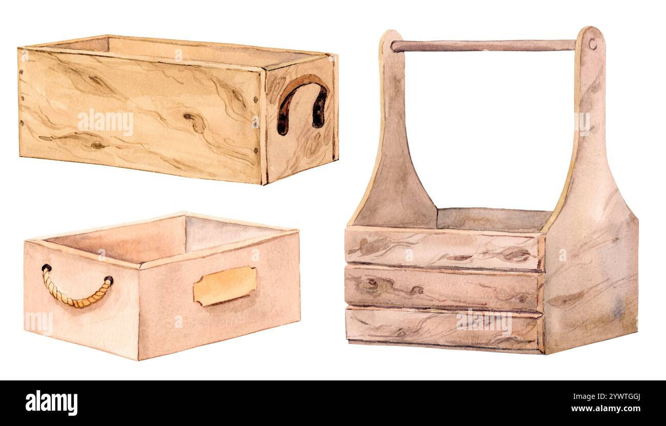 Wooden boxes in the Provence style. Watercolor clipart on a white ...