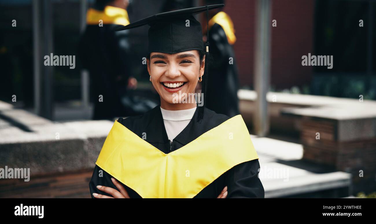 Graduation, portrait and woman in university, smile and celebration of ...