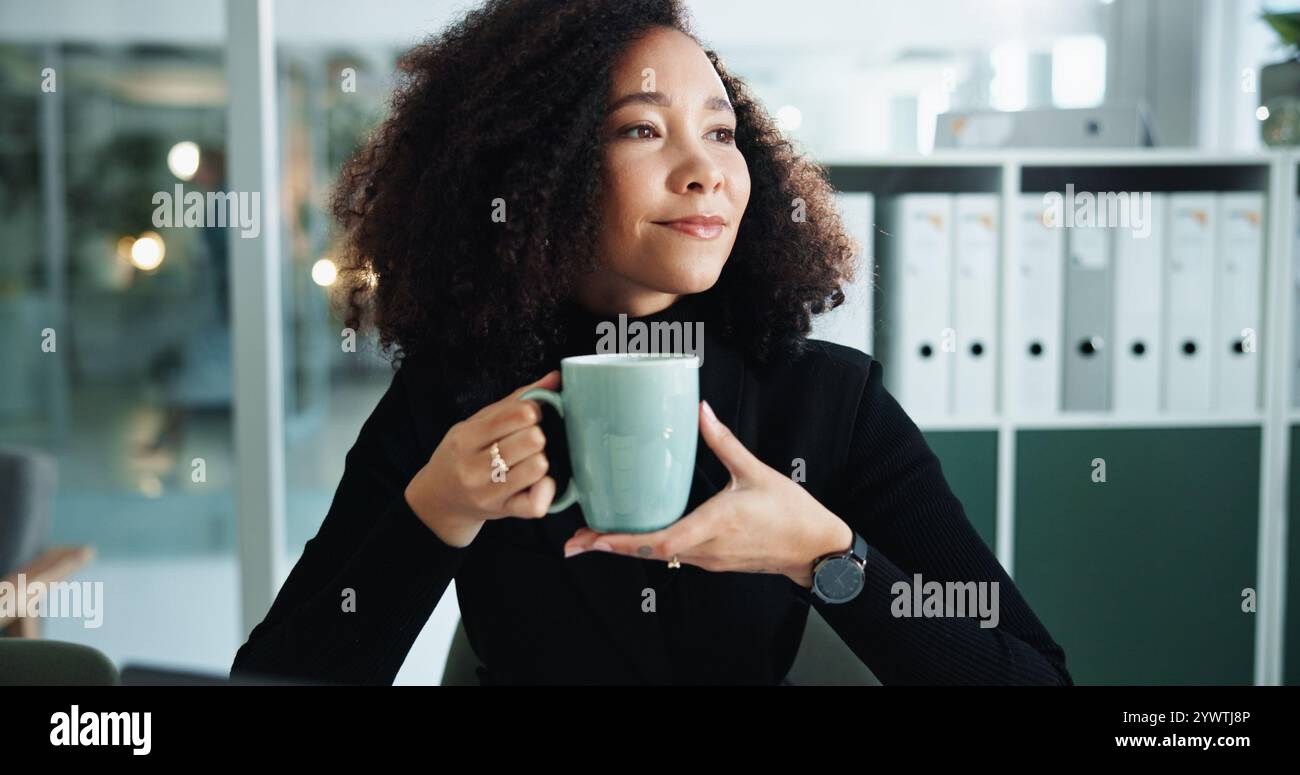 Coffee, finance and thinking with accountant woman in office for start ...